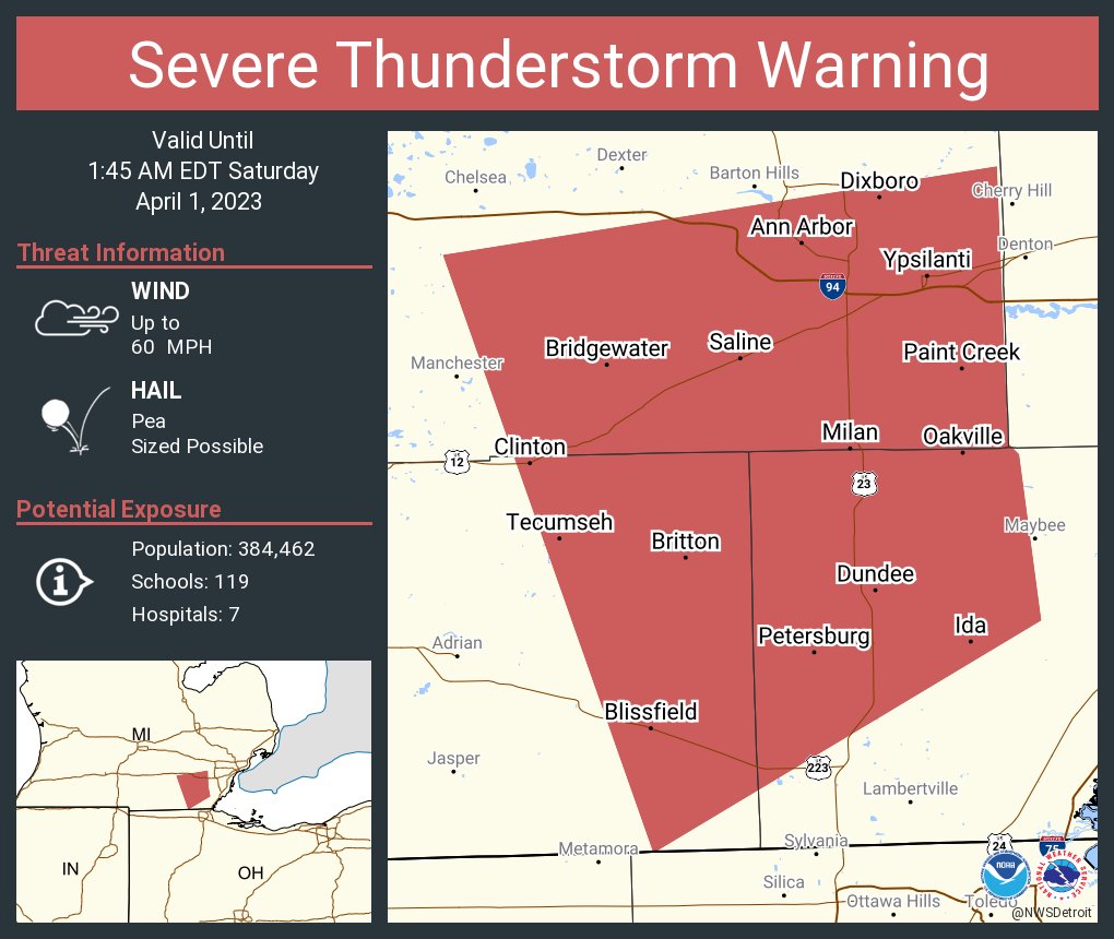 NWS Detroit on Twitter: "Severe Thunderstorm Warning including Ann Arbor MI, Ypsilanti MI and ...