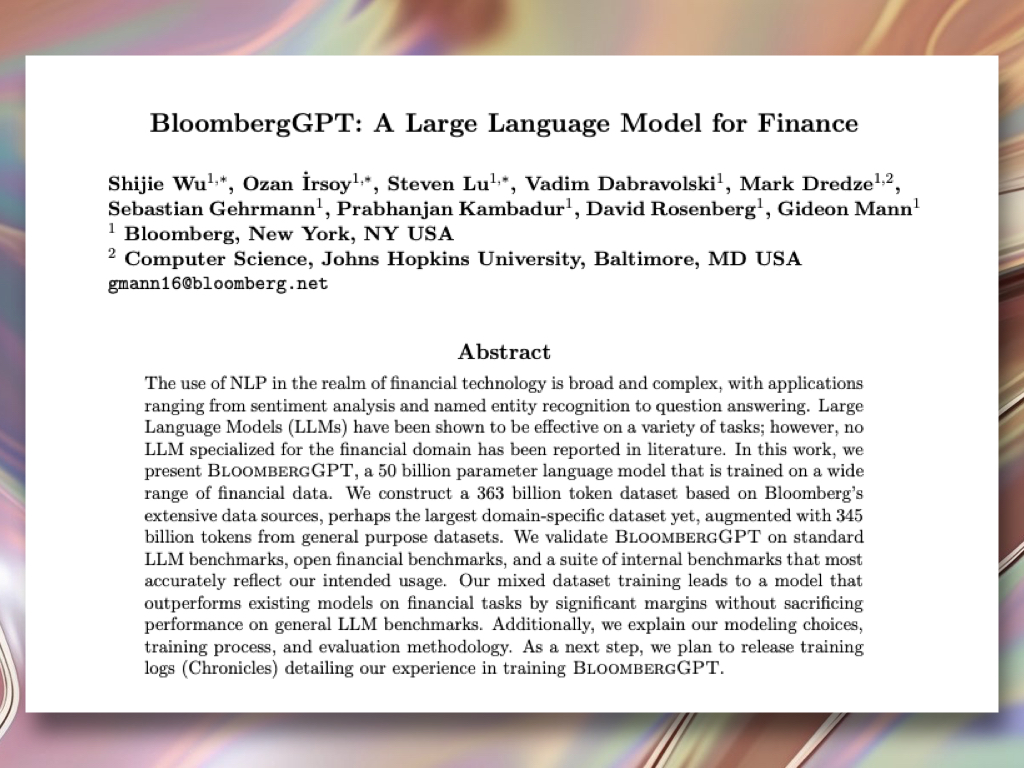 金融分野に特化したLLM『BloombergGPT』が登場🔥 ・金融分野特化のLLM ・3630億トークンのデータセットでトレーニング ・金融 ...