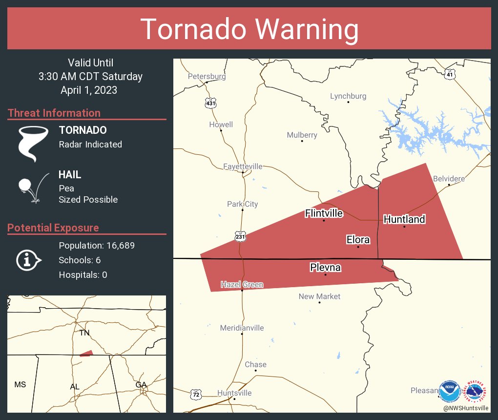 NWS Tornado on Twitter: "Tornado Warning including Huntland TN, Flintville TN and Plevna AL ...