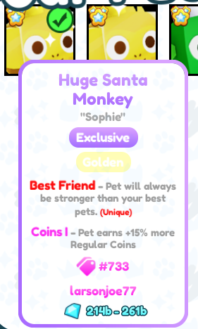 Cosmic Values on Twitter: "Pet Simulator X - Golden Huge Santa Monkey giveaway! To enter: 1 ...