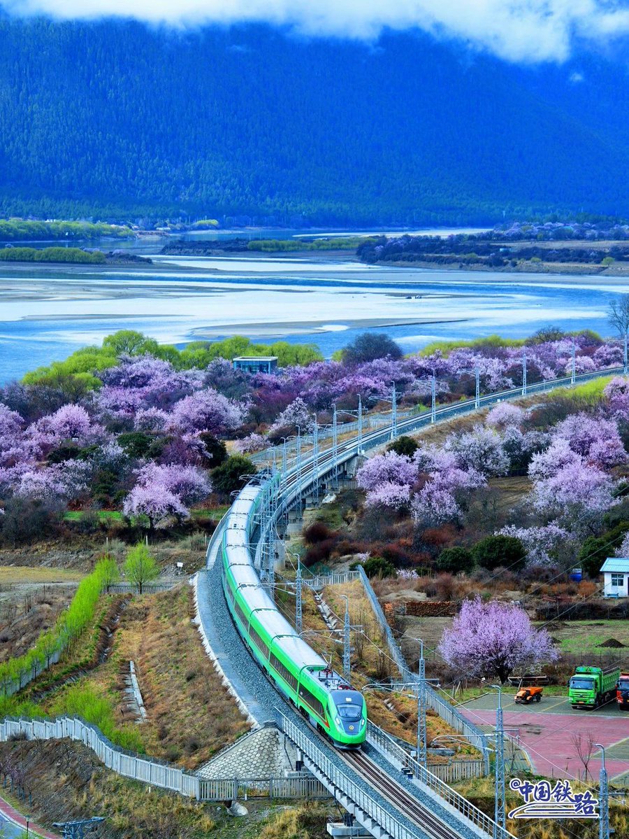 Traveling through the snow mountains, residential buildings, and flower ...