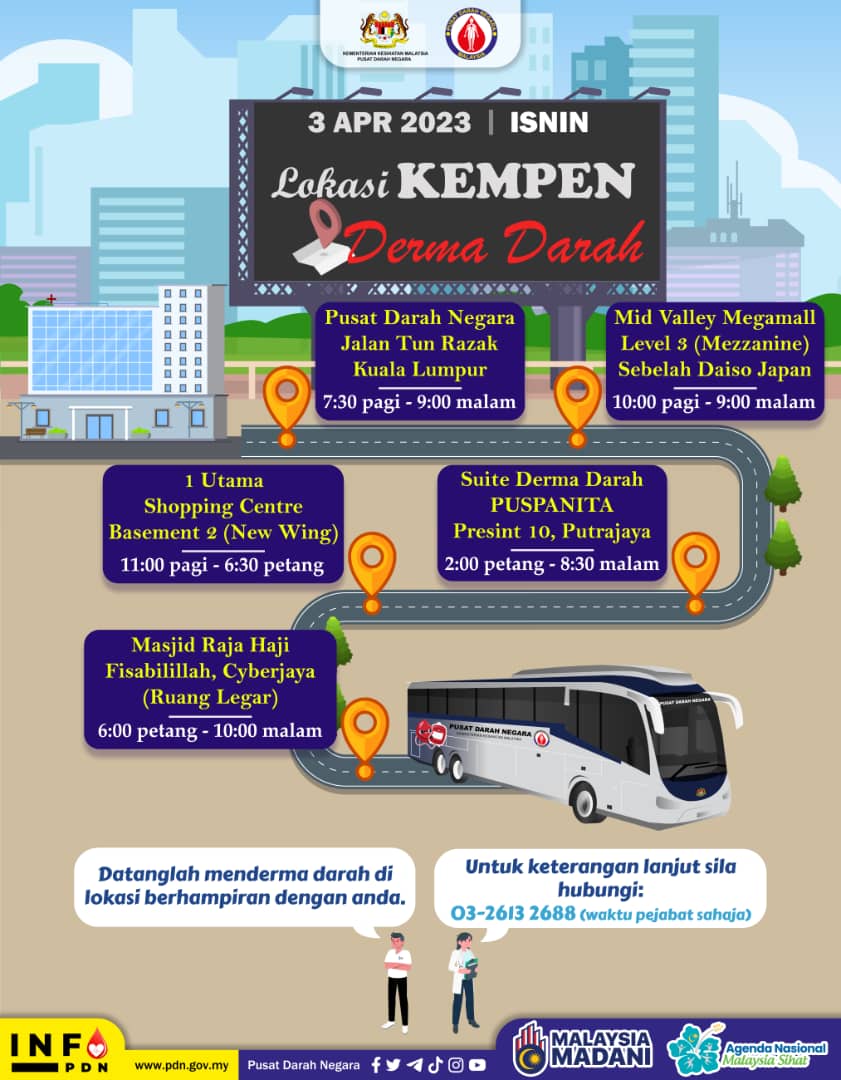 BERNAMA on Twitter: "RT @PDNKKM: Berikut merupakan jadual kempen derma darah pada 3 April 2023 ...