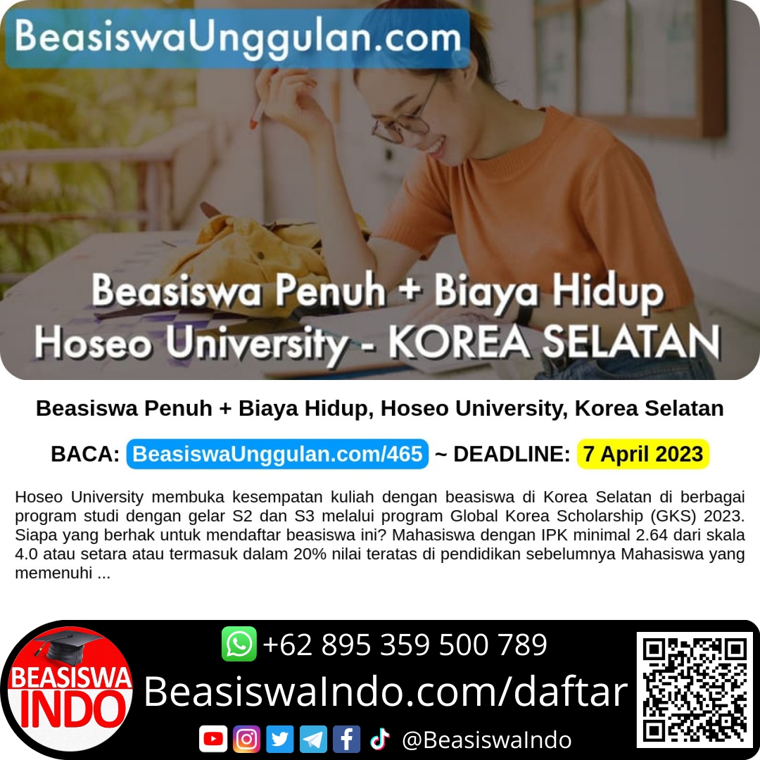 Beasiswa Indonesia on Twitter: "Beasiswa Penuh + Biaya Hidup, Hoseo University, Korea Selatan ...