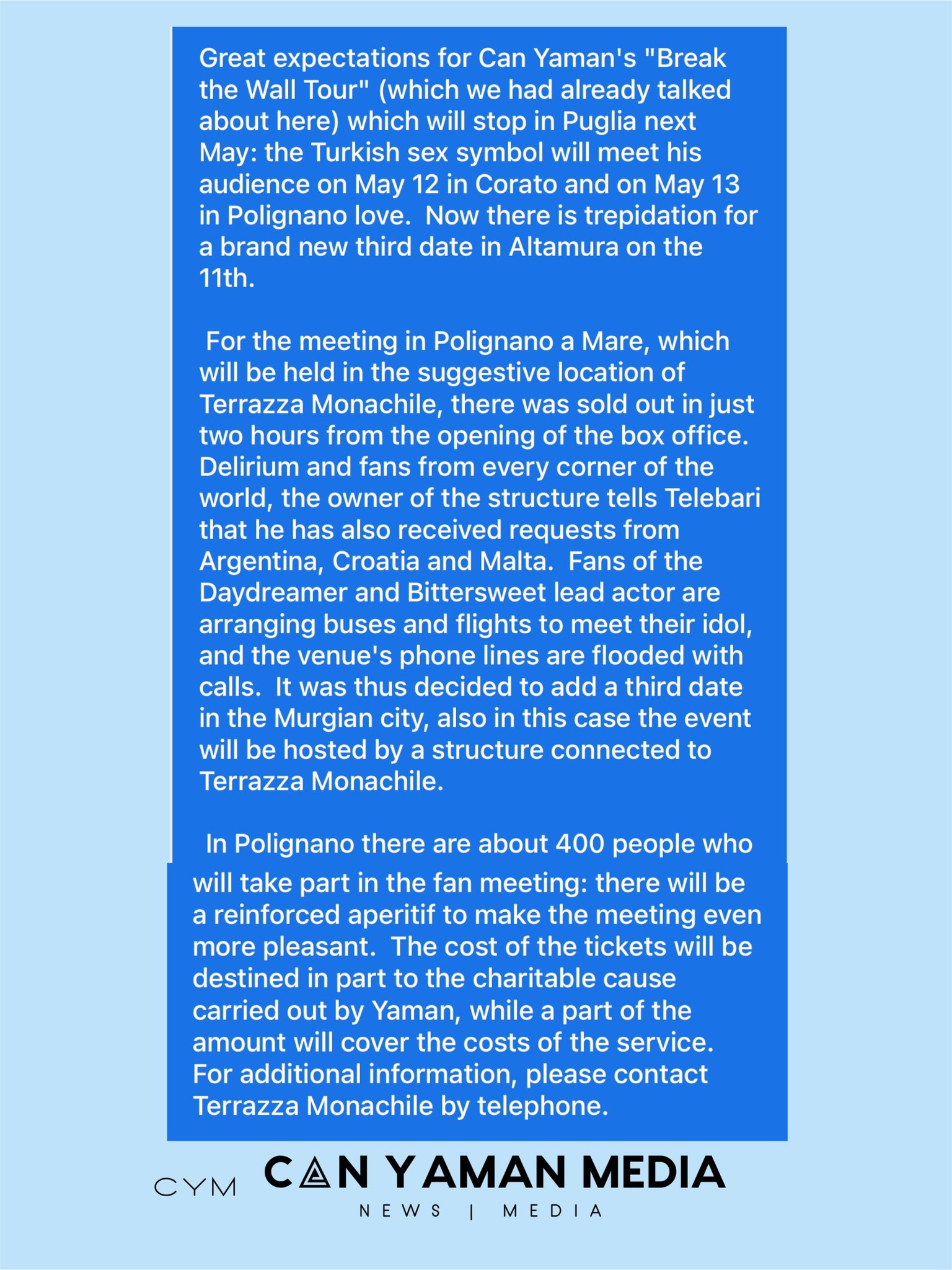 CAN YAMAN MEDIA on Twitter: "🇮🇹🗞️| Telebari - Corato and Polignano venues on 12 and 13th May are ...