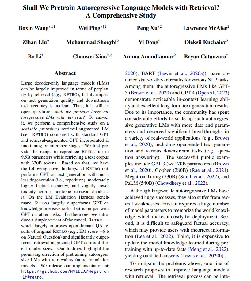 Aran Komatsuzaki on Twitter: "Shall We Pretrain Autoregressive Language Models with Retrieval? A ...
