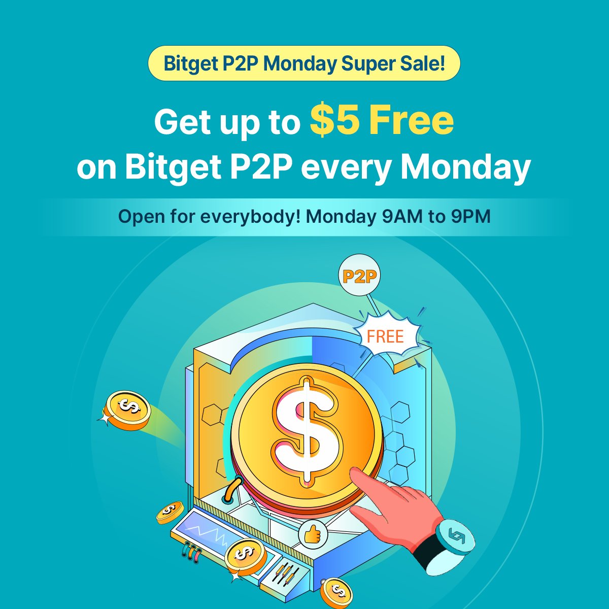 Bitget on Twitter: "Get up to $5 Free on #Bitget P2P every Monday! Open for everybody! ️ Join ...