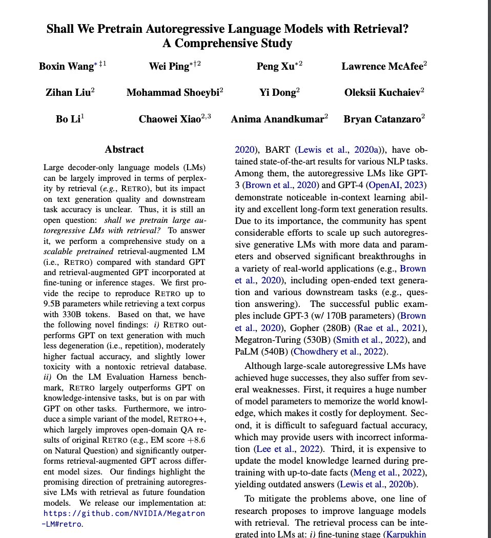 AK on Twitter: "Shall We Pretrain Autoregressive Language Models with Retrieval? A Comprehensive ...