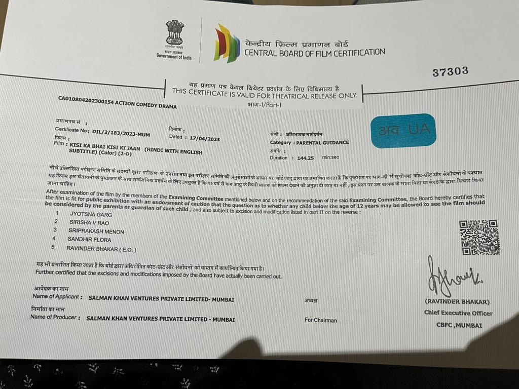 Himesh on Twitter: "#KisiKaBhaiKisiKiJaan Censor Certificate"