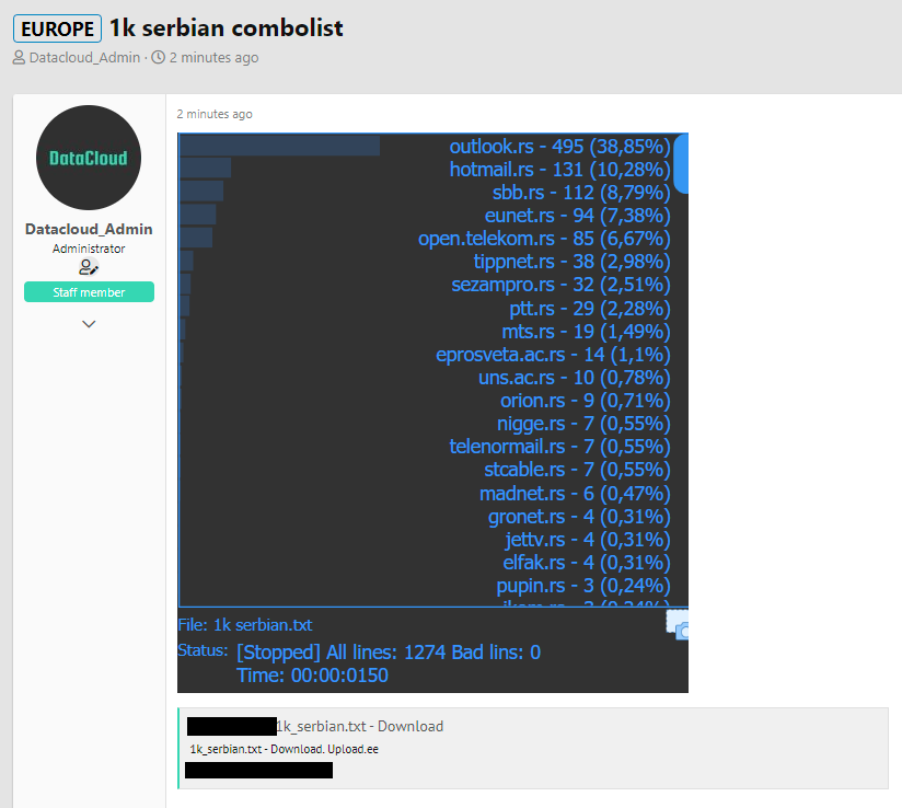 SOS Intelligence on Twitter: "1k Serbian combolist published by DataCloud. #credentialloss"