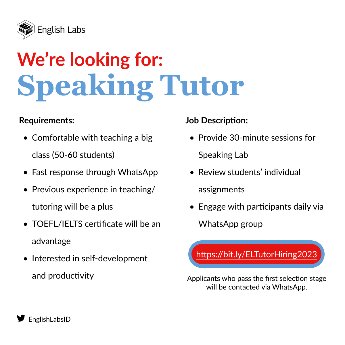 LET'S JOIN ENGLISH EXPLORERS CHALLENGE 🥳 on Twitter: "🧑‍🏫 SPEAKING TUTORS HIRING 👩‍🏫 Are you a ...