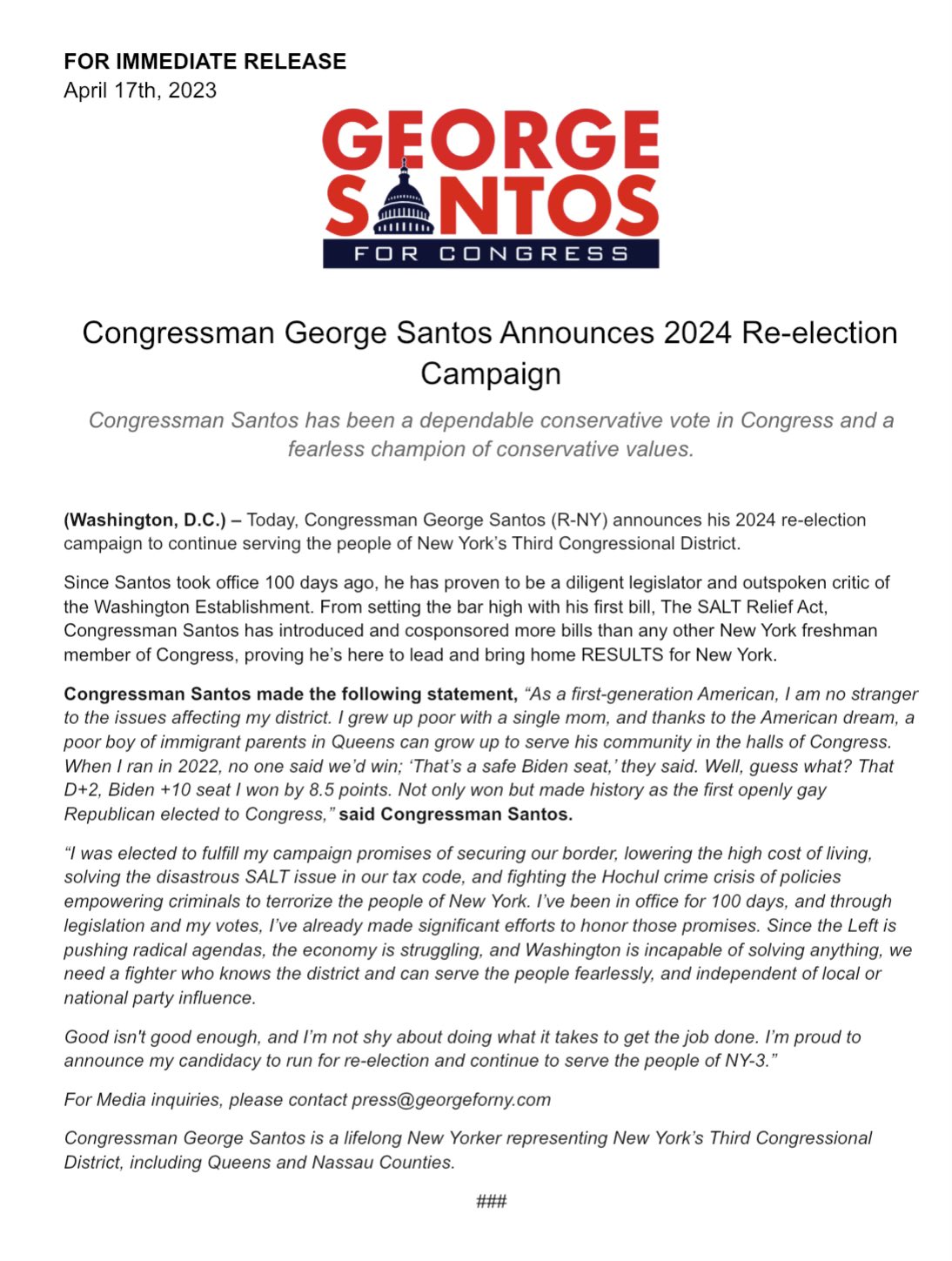 George Santos on Twitter: "🚨ANNOUNCEMENT: I am proudly announcing my bid for re-election for # ...