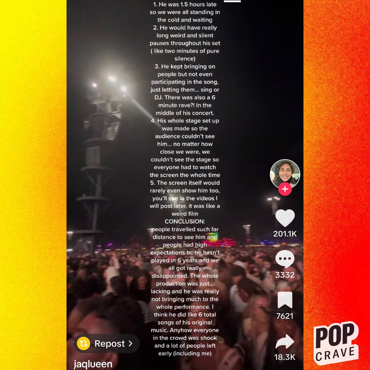 Pop Crave on Twitter: "Frank Ocean’s Coachella set has been criticized for starting late, ending ...