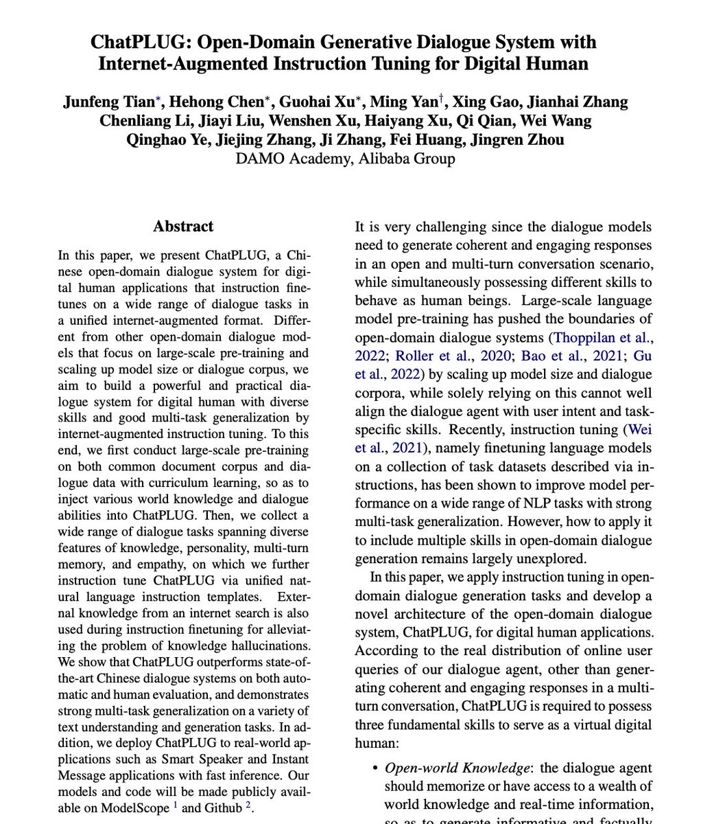 AK on Twitter: "ChatPLUG: Open-Domain Generative Dialogue System with Internet-Augmented ...
