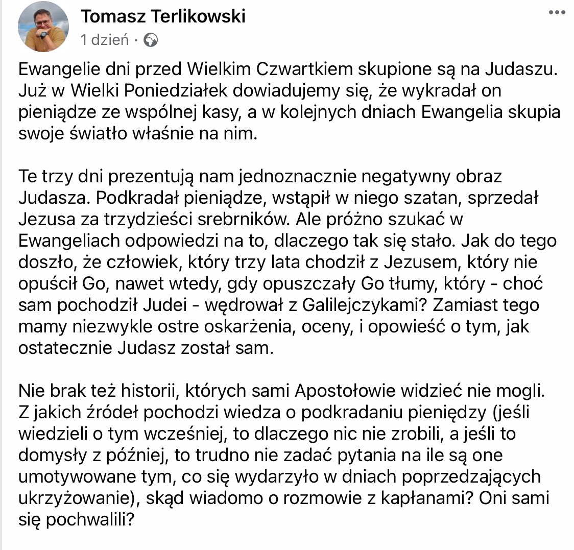 Tomasz Terlikowski on Twitter: "Ewangelie dni przed Wielkim Czwartkiem skupione są na Judaszu ...