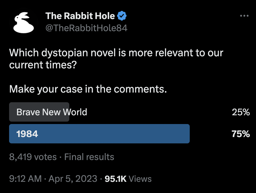 The Rabbit Hole on Twitter: "1984 vs Brave New World Poll replies ...