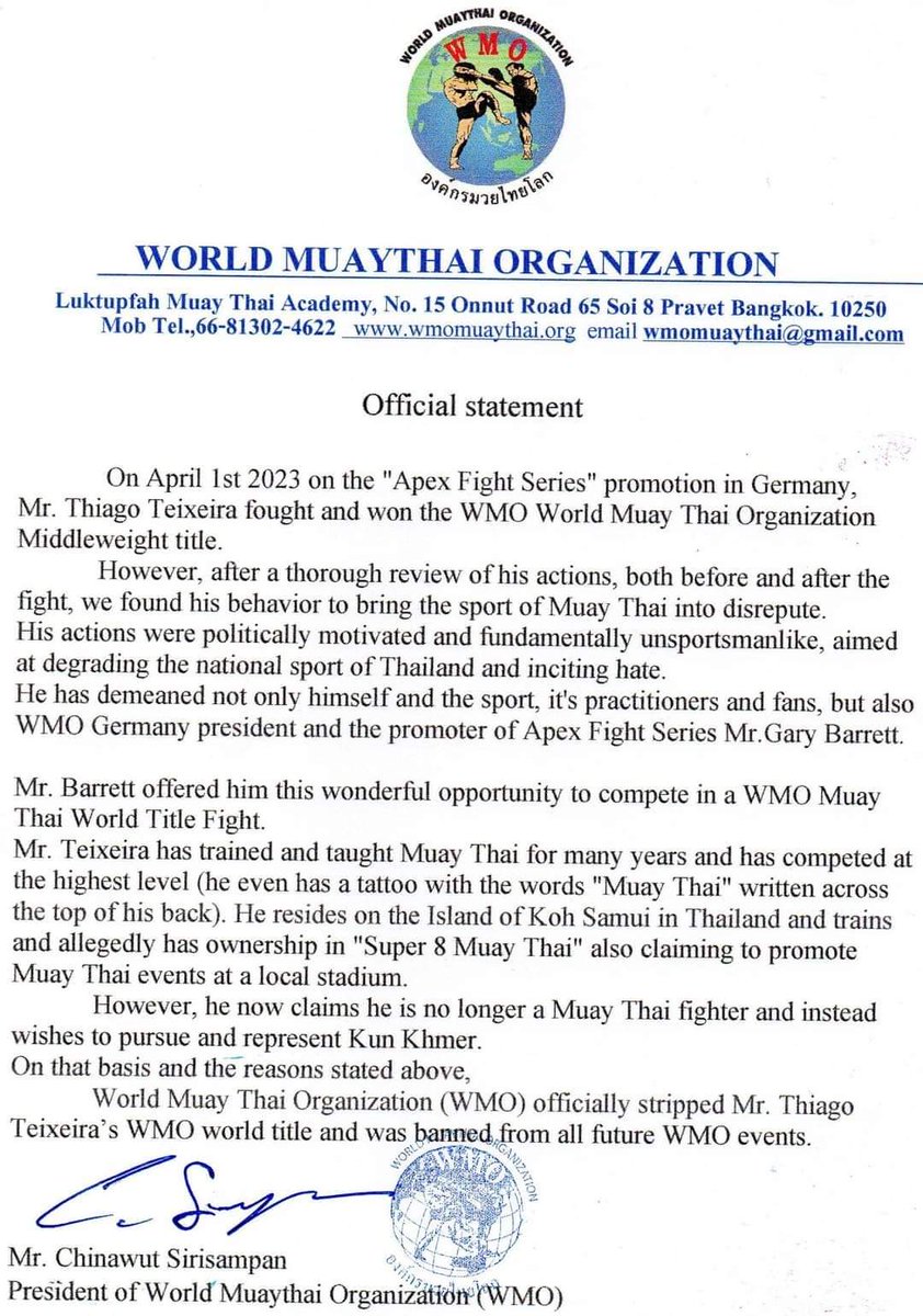 Khaosod English on Twitter: "World #Muaythai Org (WMO) has banned Brazilian Thiago Teixeira from ...