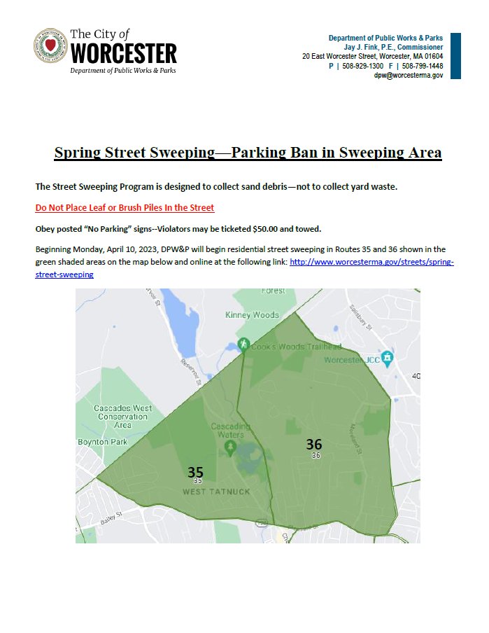Worcester 311 on Twitter: "Monday, April 10, Worcester DPW&P will begin sweeping in the ...