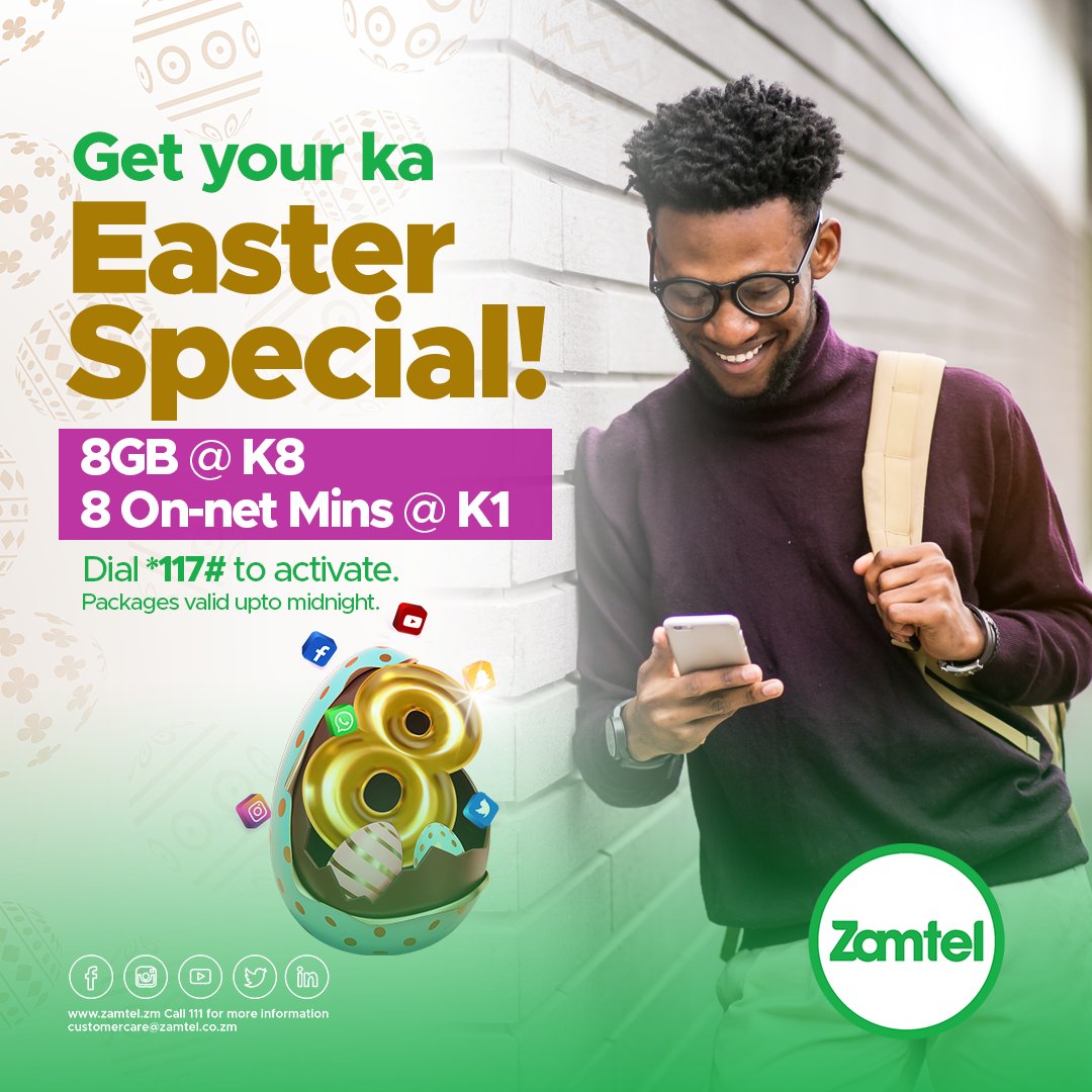 Zamtel on Twitter: "Get your ka Easter Special! Dial *117# to get 8 GB for K8 and 8 Min for K1 ...