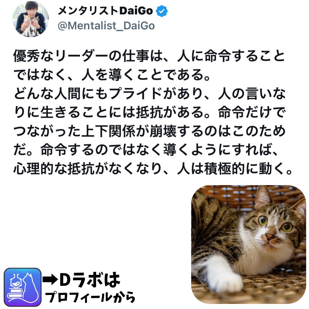 メンタリストDaiGo on Twitter: "🐈公式Instagramにて、メンタルが強くなる心理学格言を毎日公開中 ︎https://instagram.com/mentalistdaigo/"