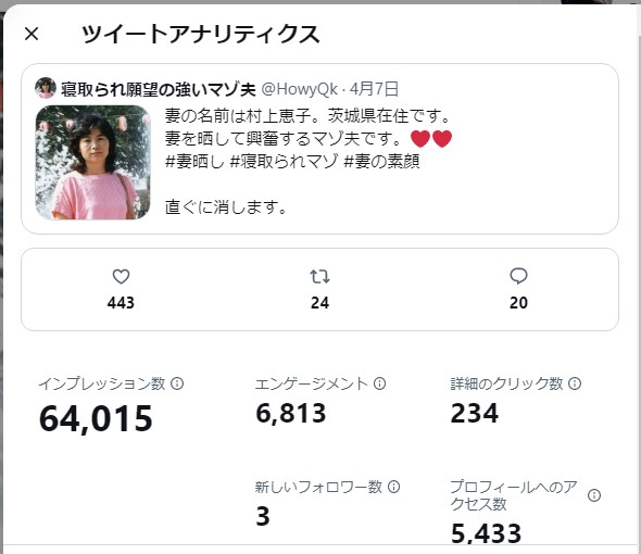 寝取られ願望の強いマゾ夫 On Twitter 何のこともないツイートなのに、僅か2日でこんなにも多くのインプレッションがありました。 すごく興奮する。 ️ ️ これもいずれ消さなくちゃ。