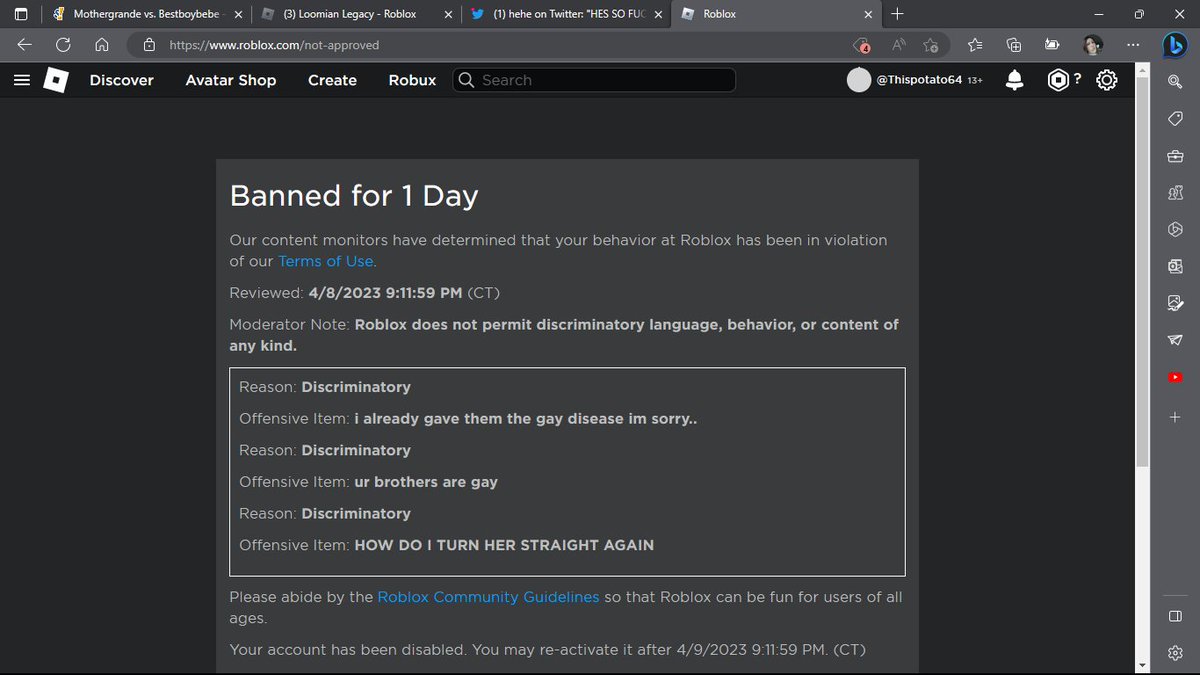 Side Character 🦐NESSIE on Twitter: "Honestly the fact i got banned here is homophobic @Roblox I ...