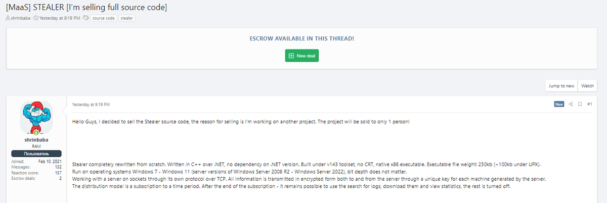 FalconFeedsio on Twitter: "A user in hacker's forum is selling the source code of his stealer ...