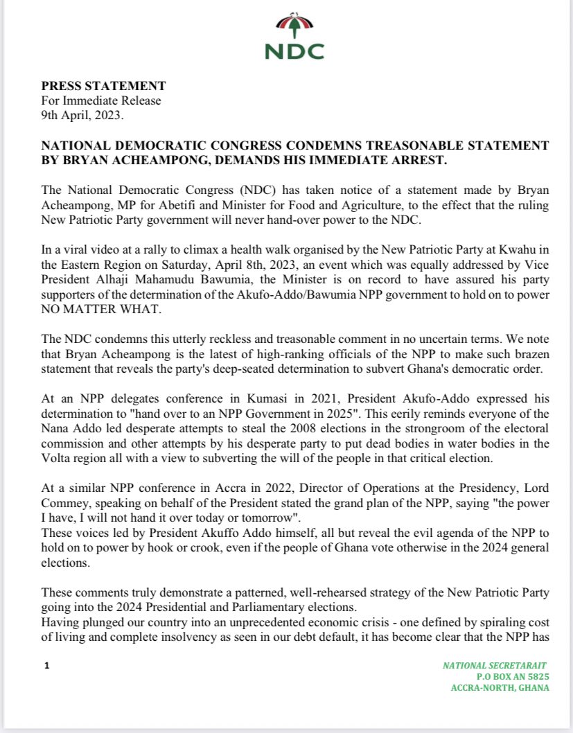National Democratic Congress on Twitter: "PRESS STATEMENT For Immediate Release 9th April, 2023 ...