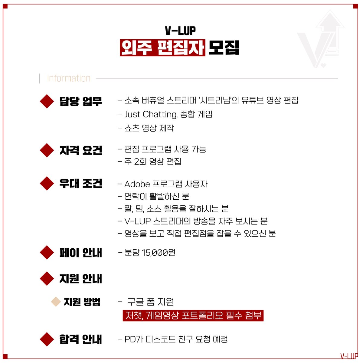 V-LUP (브이럽) on Twitter: "【편집자 모집】 안녕하세요 V-LUP입니다. 소속 버츄얼 스트리머 '시트리'님의 유튜브 영상 편집자님을 모집 하고 있습니다 ...