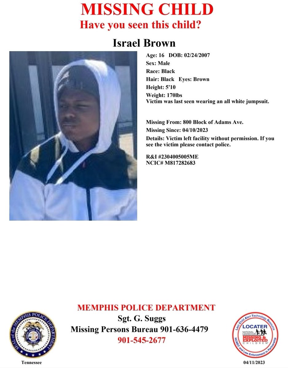Memphis Police Dept on Twitter: "Have you seen Israel Brown? Israel left facility without ...