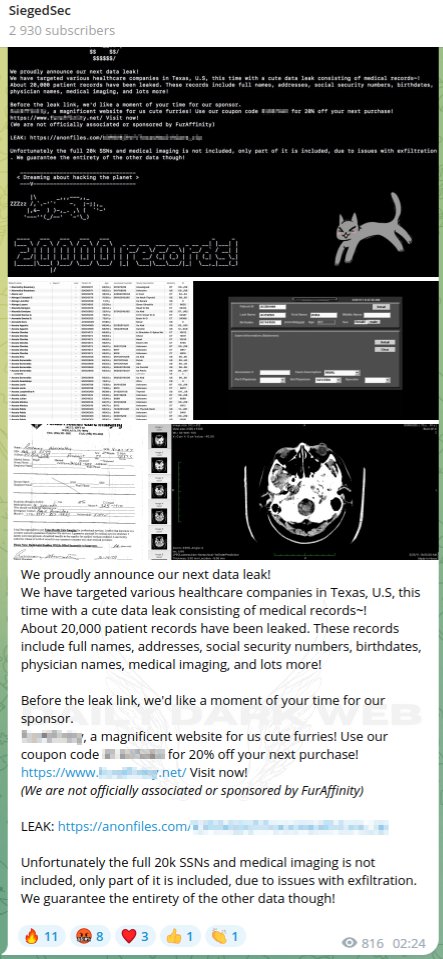 Daily Dark Web On Twitter Unitedstates 🇺🇸 Allegedly Sensitive Data From Various Healthcare