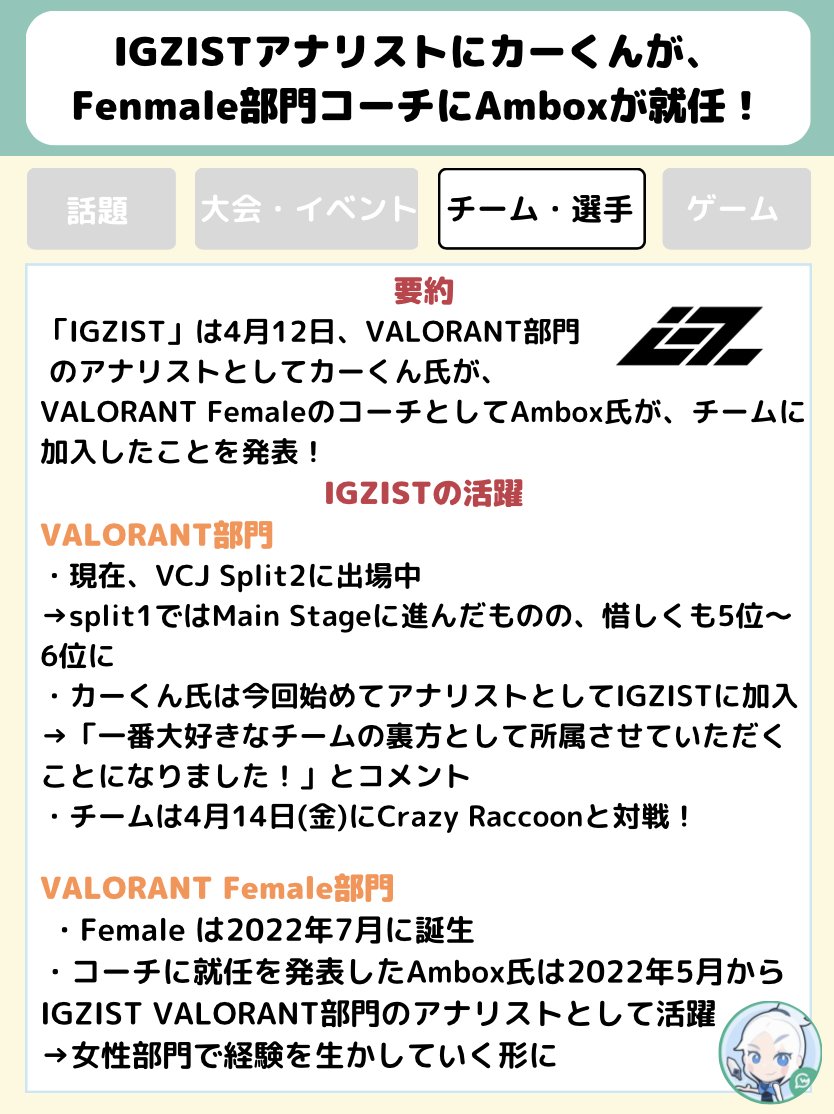 VALORANTまとめ by GameWith on Twitter: "【チーム・選手情報📢】 IGZISTアナリストに「カーくん」が、Fenmale部門コーチに「Ambox」が就任 ...
