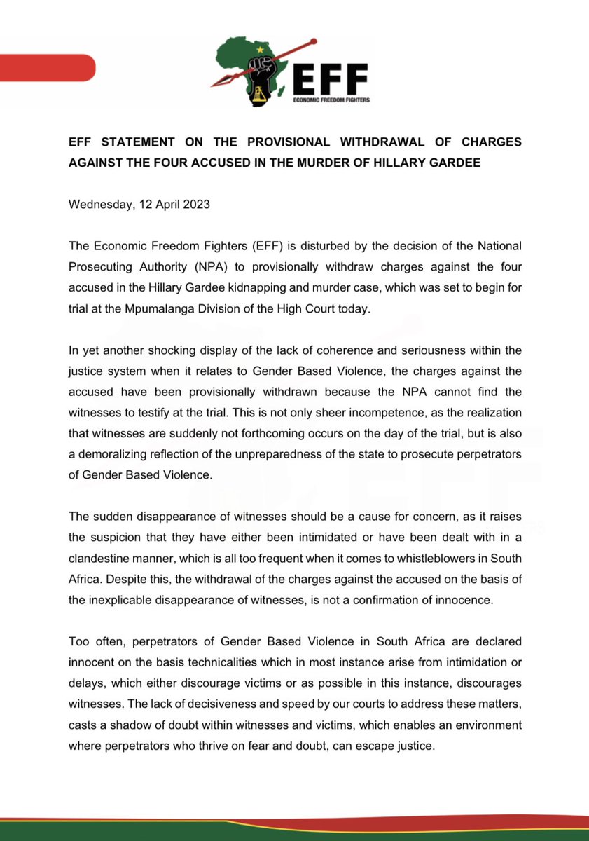Economic Freedom Fighters on Twitter: "EFF Statement On The Provisional Withdrawal Of Charges ...