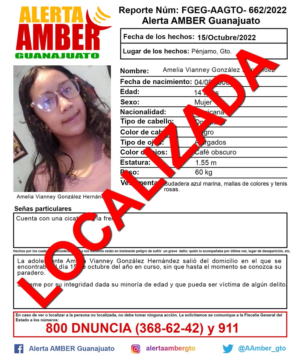 Alerta AMBER GTO. on Twitter: "Desactivación de la Alerta AMBER Guanajuato de la adolescente ...