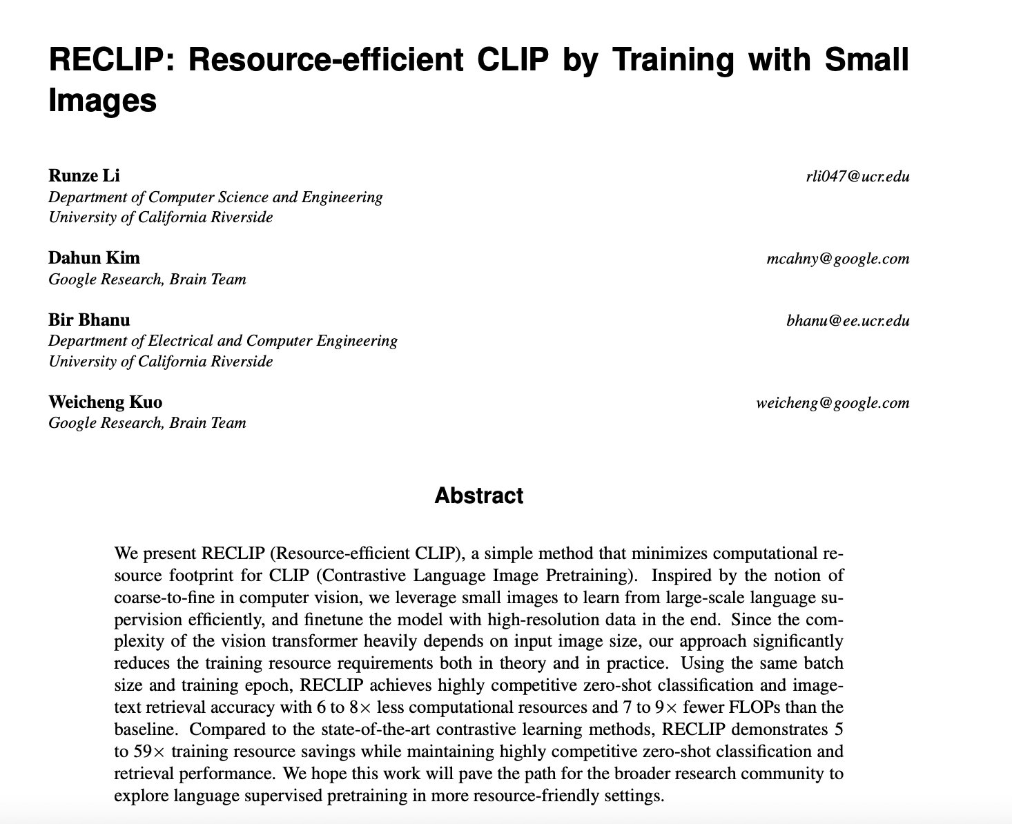 AK on Twitter: "RECLIP: Resource-efficient CLIP by Training with Small Images abs: https://t.co ...