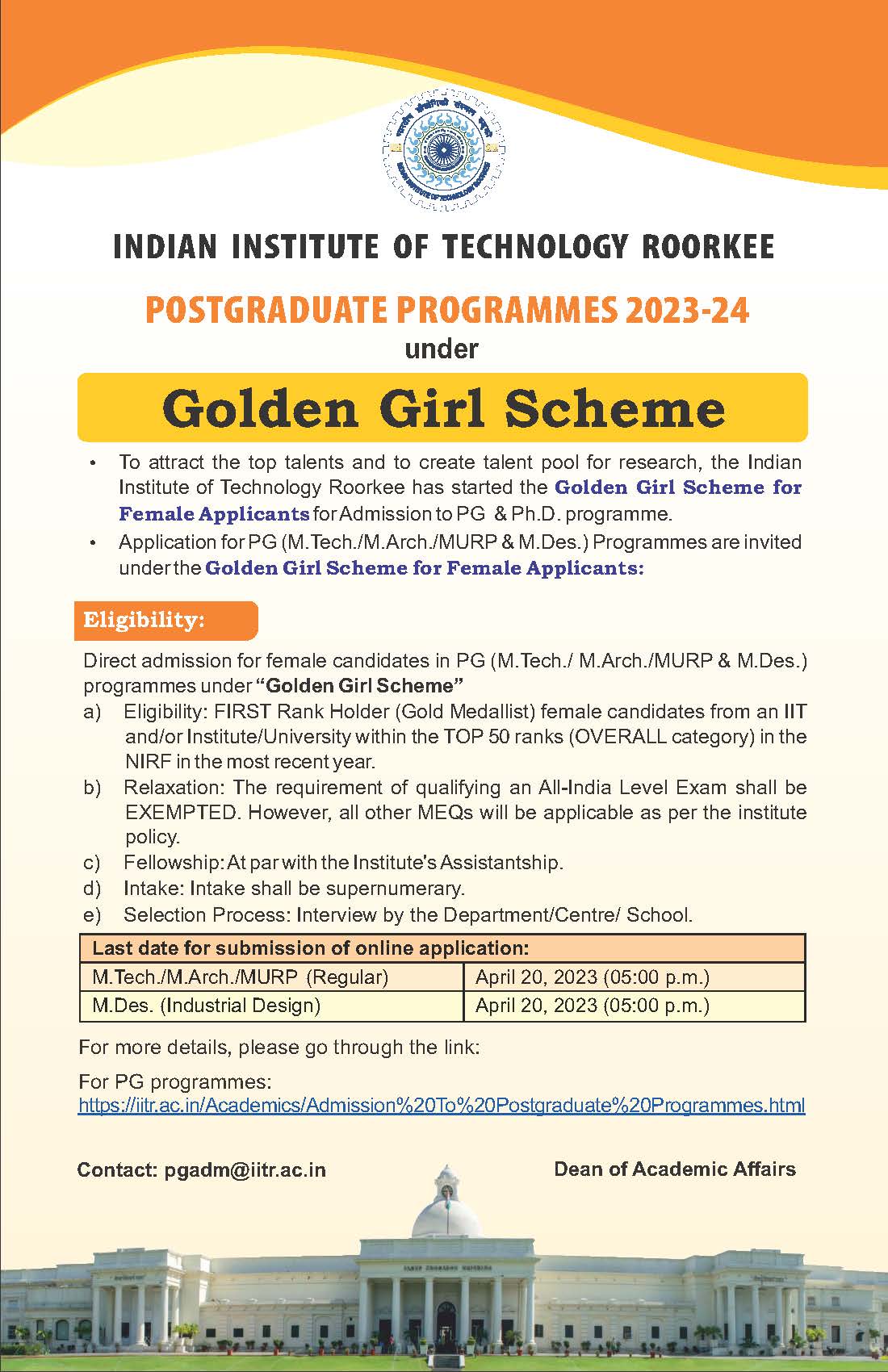 IIT Roorkee on Twitter: "Post Graduate Programmes 2023-24 Under "Golden Girl Scheme" @iitroorkee ...