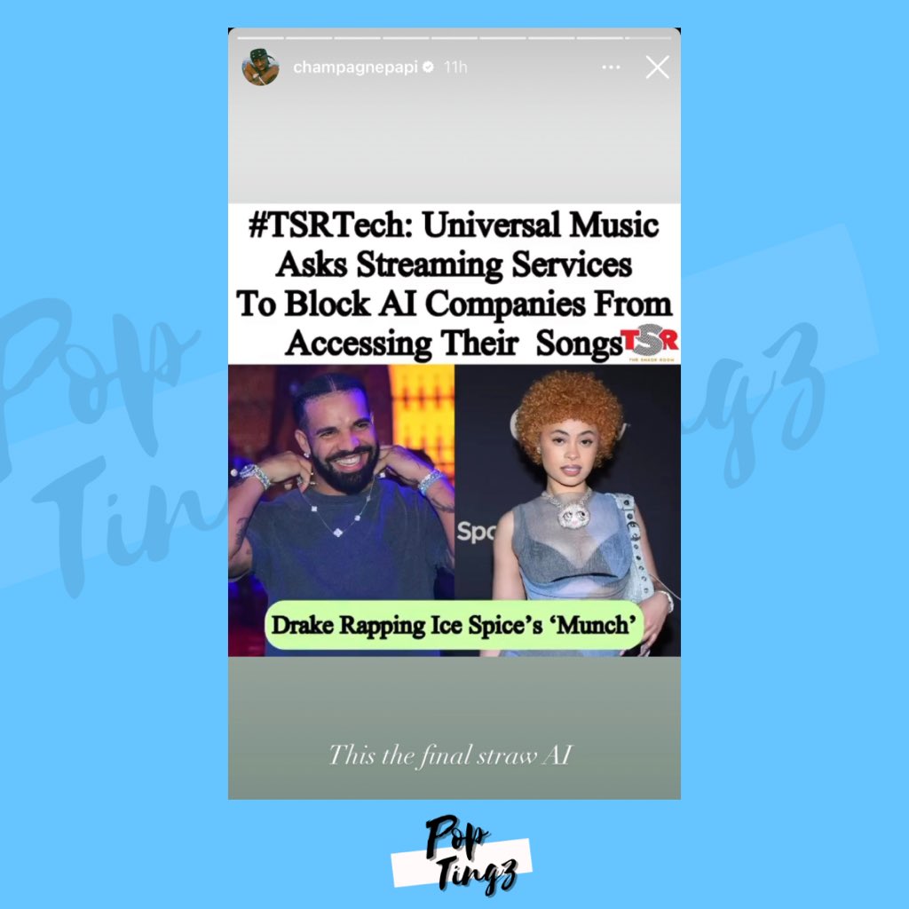 Pop Tingz on Twitter: "Drake reacts to an AI-generated cover of him rapping Ice Spice's “Munch ...