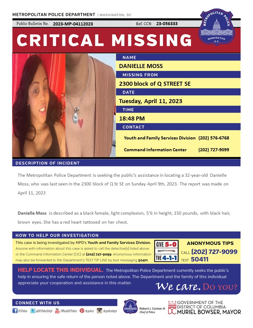 DC Police Department on Twitter: "Critical #MissingPerson 32-year-old Danielle Moss, who was ...