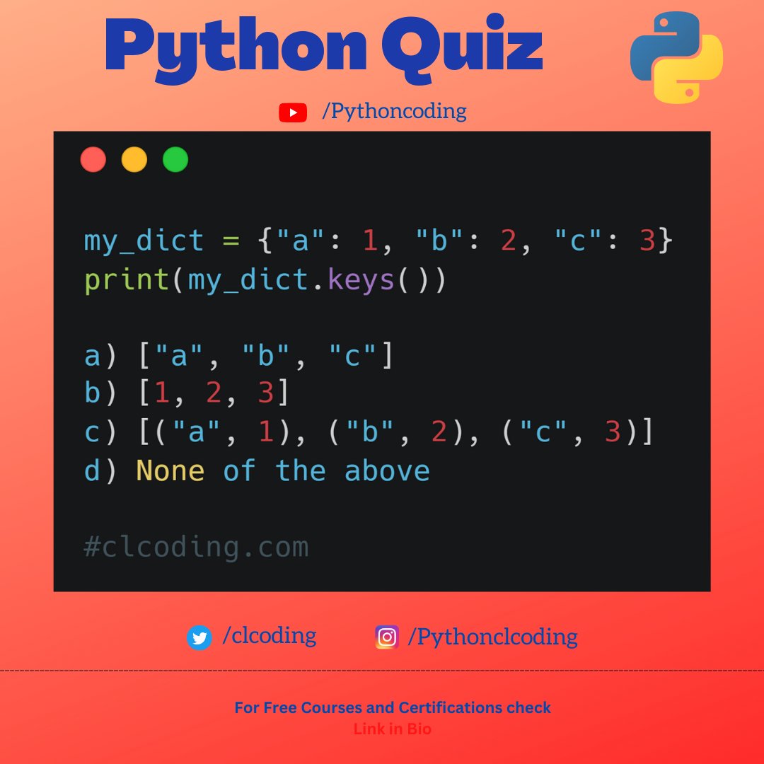 Python Coding On Twitter Python Quiz Day 74 What Is The Output Of Following Python Code 3312