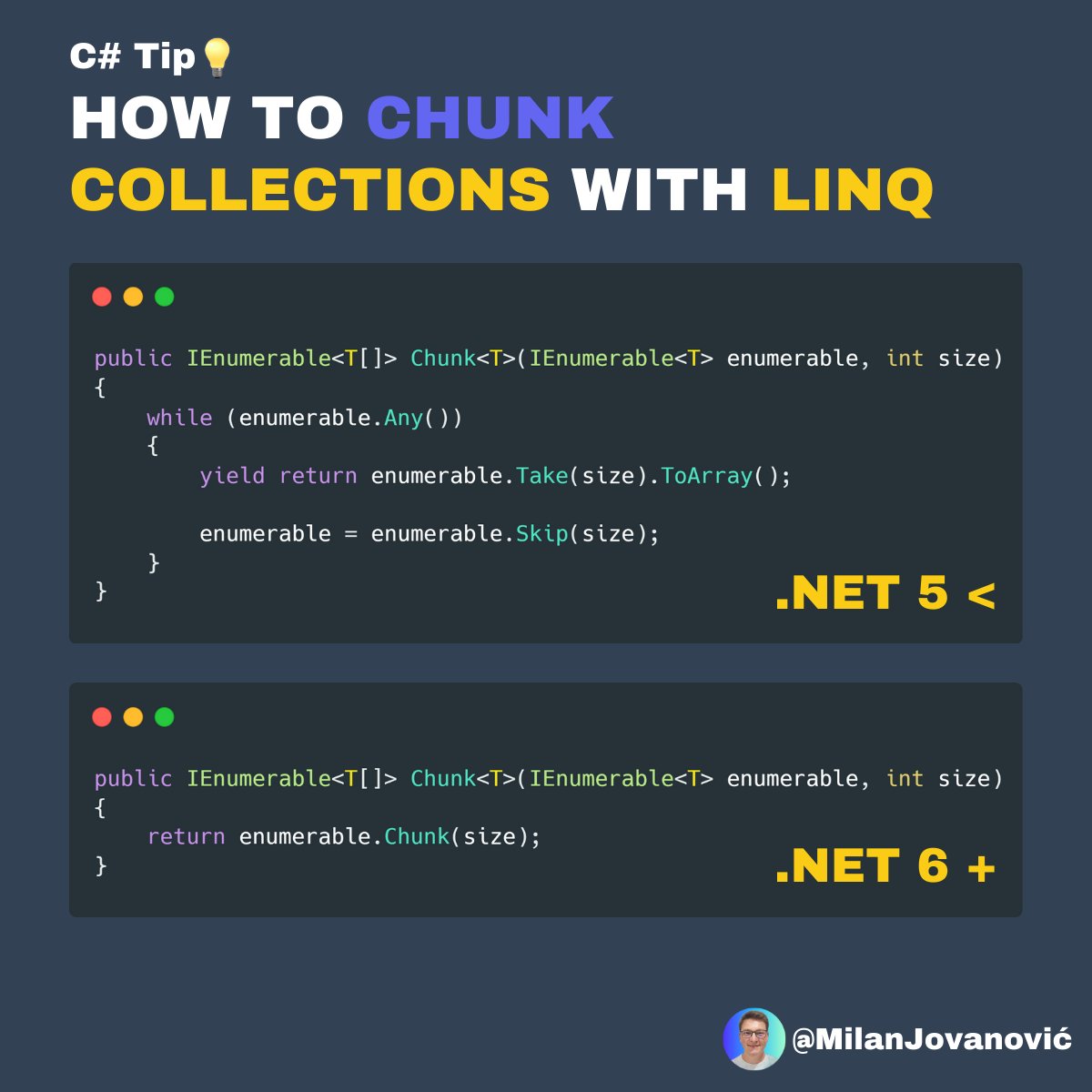 Milan Jovanović on Twitter: "How do you chunk a collection into a few smaller ones? I have 2 ...