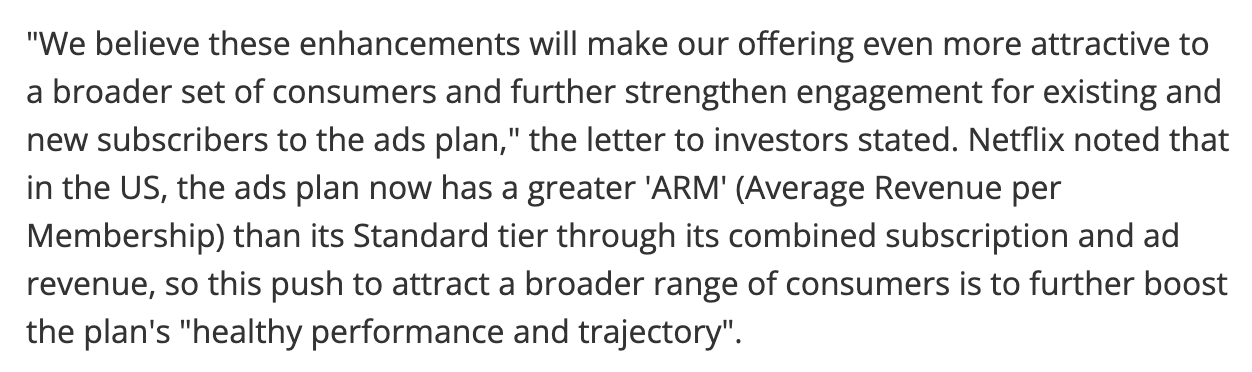 Eric Seufert on Twitter: "Netflix $NFLX reveals that its ad-supported tier ($6.99/mo.) drives ...