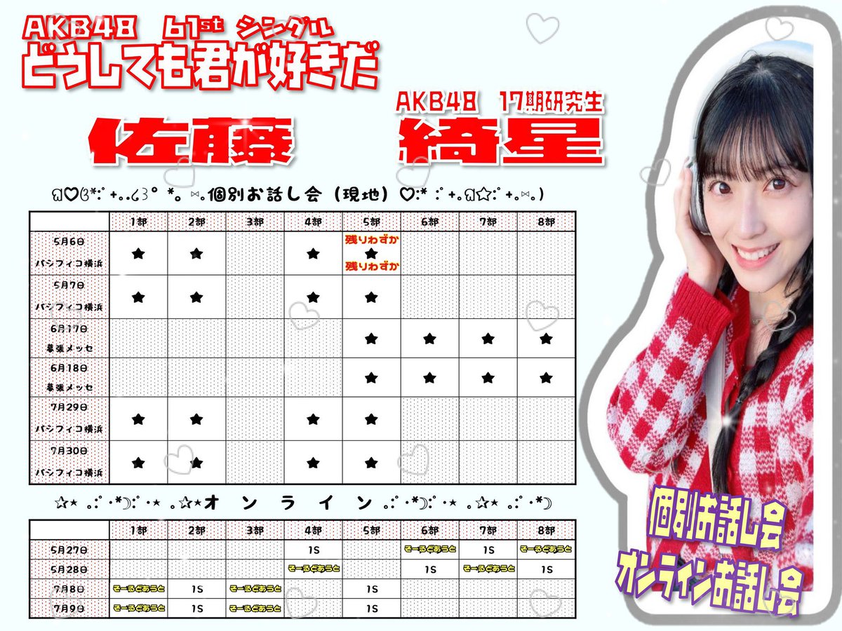 佐藤綺星(AKB48 17期研究生) on Twitter: "オンラインお話会受付中です ️ 5/6と5/7は最終受付…🥹 1sもオフライン ...
