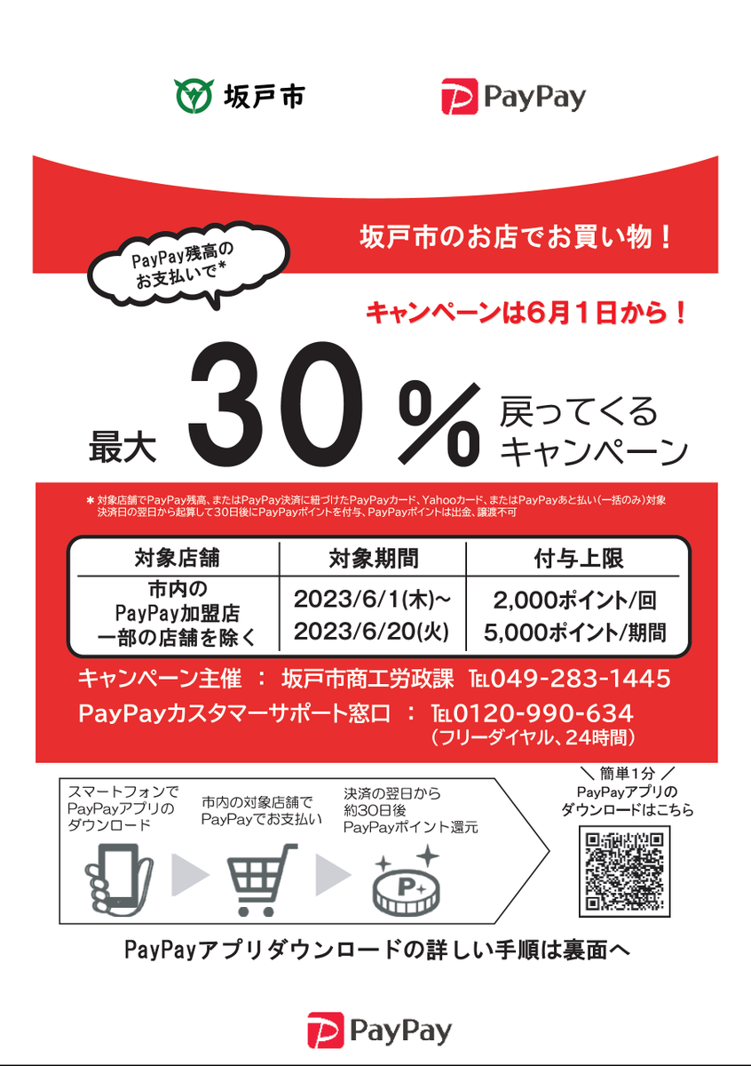 坂戸市 on Twitter: "市内の対象店舗でPayPayを使って会計すると、支払額の最大30％のPayPayポイントを還元するキャンペーンを実施します。 【期 間】令和5年6月1日～令和 ...