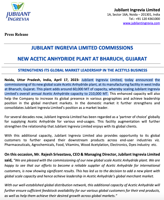 Punit on Twitter: ""Jubilant Ingrevia announced the commissioning of its new global-scale Acetic ...