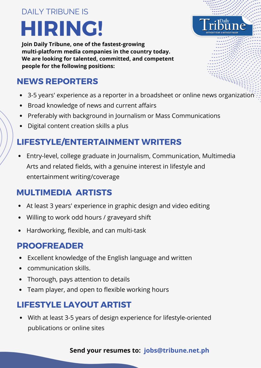Concept News Central on Twitter: "WE'RE HIRING! Send your resumes to: jobs@tribune.net.ph # ...