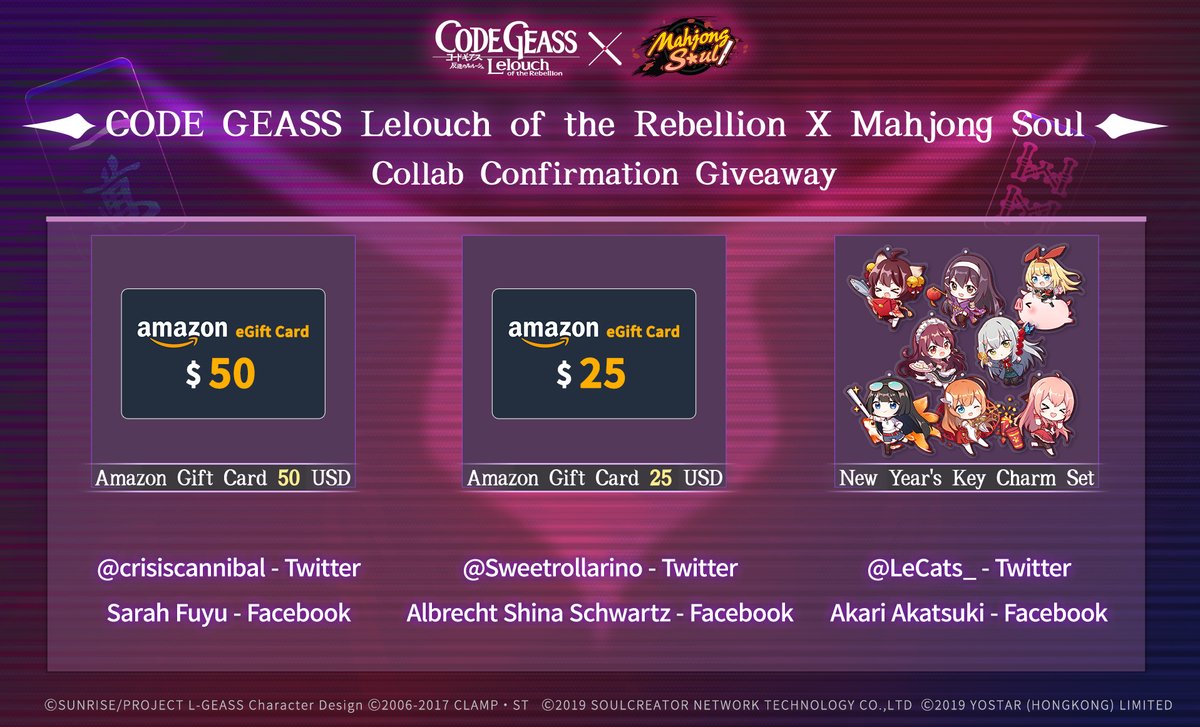 Mahjong Soul Official on Twitter: "Here's the winner list for the Collab Confirmation Giveaway ...