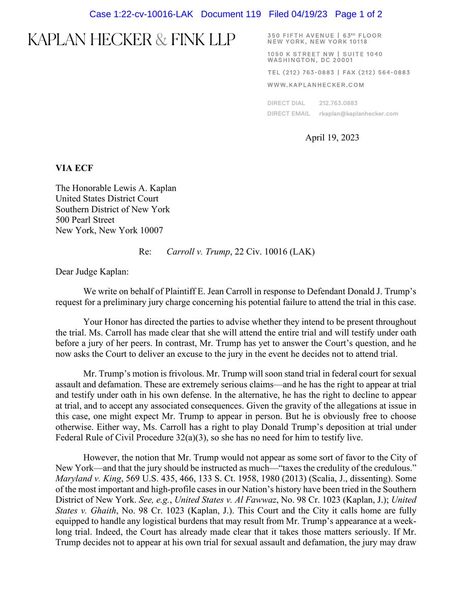 Big Cases Bot on Twitter: "New filing: "Carroll v. Trump" Doc #119: LETTER addressed to Judge ...
