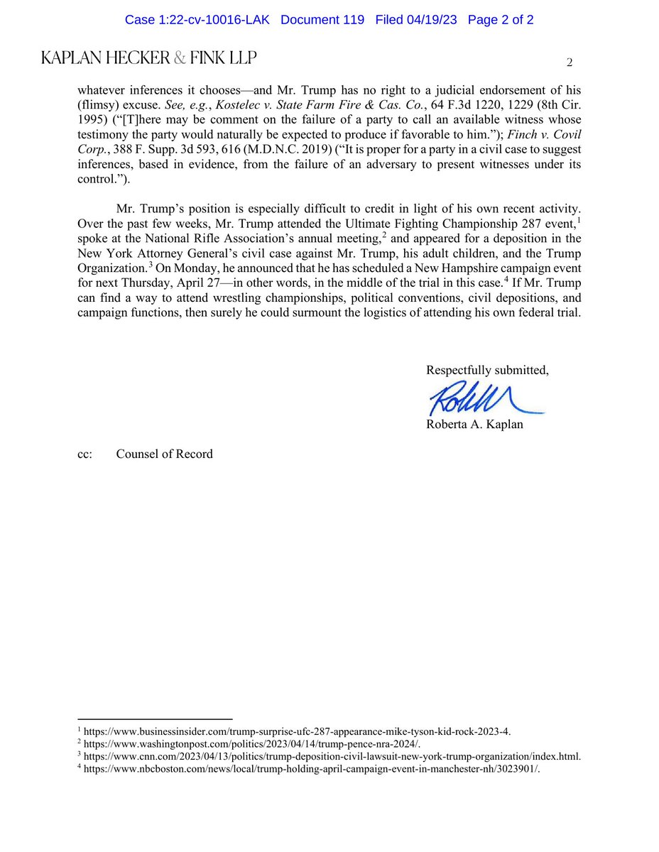 Big Cases Bot on Twitter: "New filing: "Carroll v. Trump" Doc #119: LETTER addressed to Judge ...