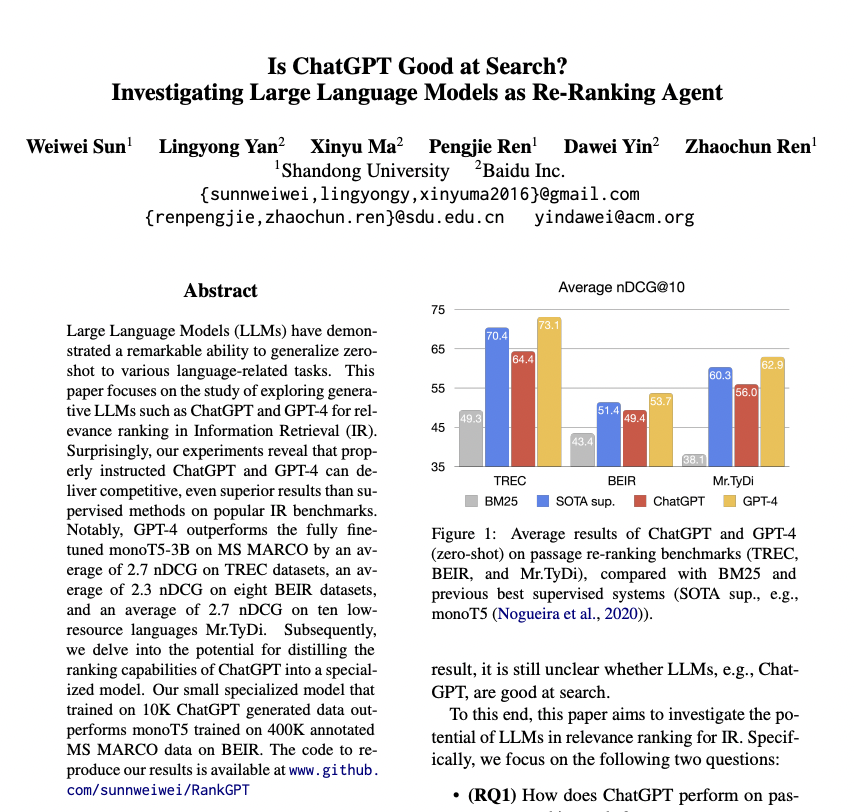 AK on Twitter: "Is ChatGPT Good at Search? Investigating Large Language Models as Re-Ranking ...