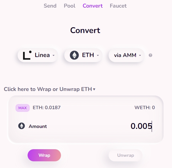 Demi-Arashi aka 阿拉喜.lens(🌸, 🌿) on Twitter: "5> 進到Hop，點選Convert，使用Wrap，把Linea ETH 打包成Linea wETH ...