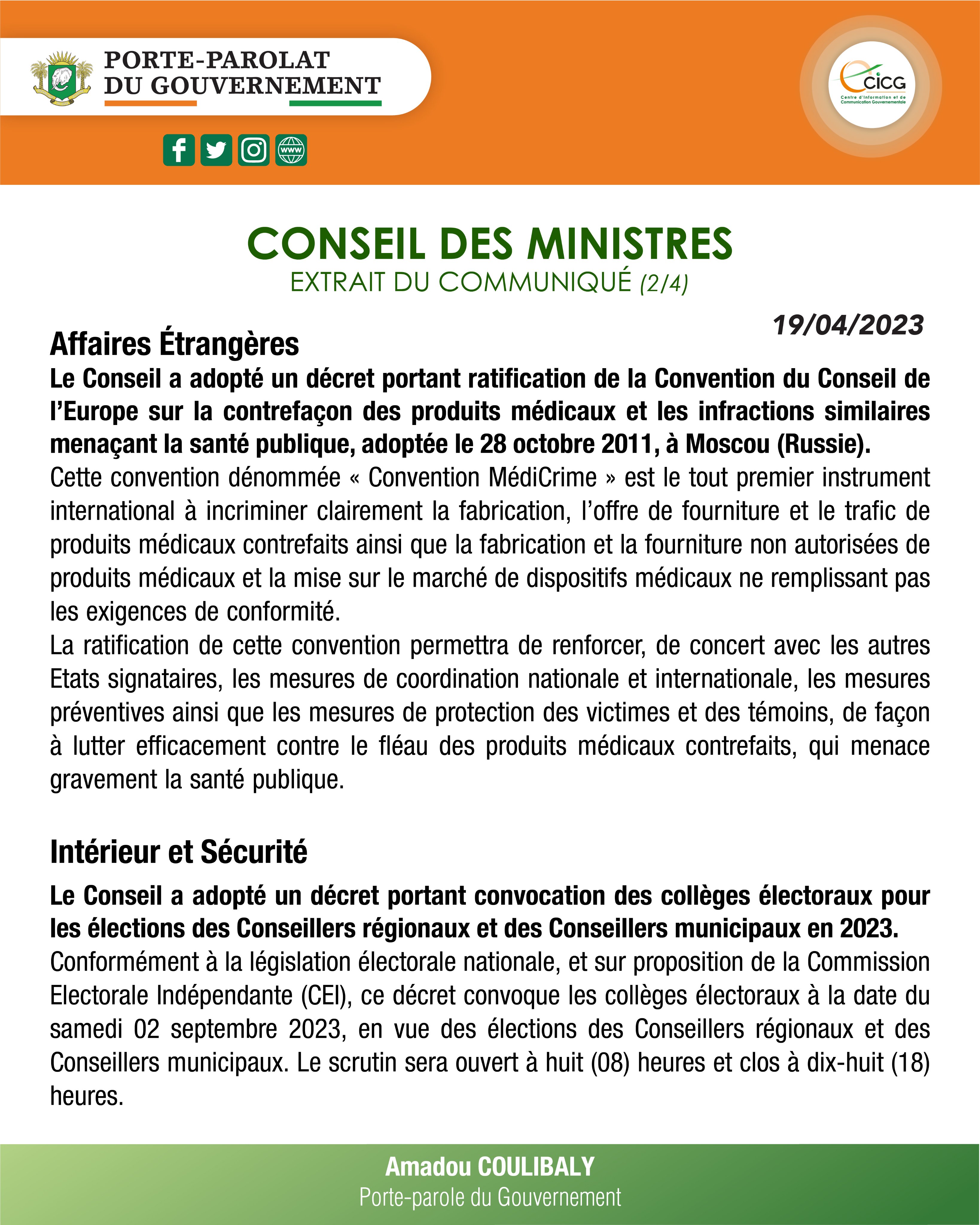 RTI Info on Twitter: "Ce qu'il faut retenir du Conseil des Ministres du 19 avril 2023. (@Gouvci ...